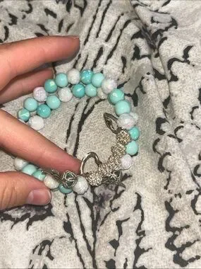 Jewelry | Beaded Charm Bracelet Set In Aqua And White Angel Wings Rose ...